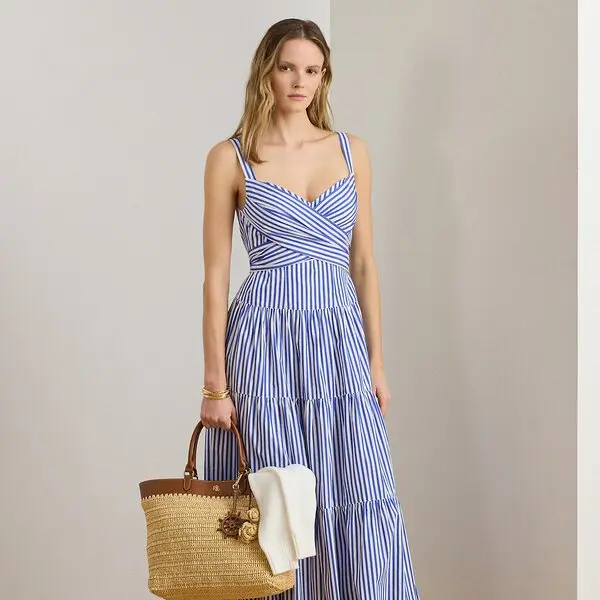 Ralph Lauren Striped Cotton Broadcloth Tiered Dress - Blue/white