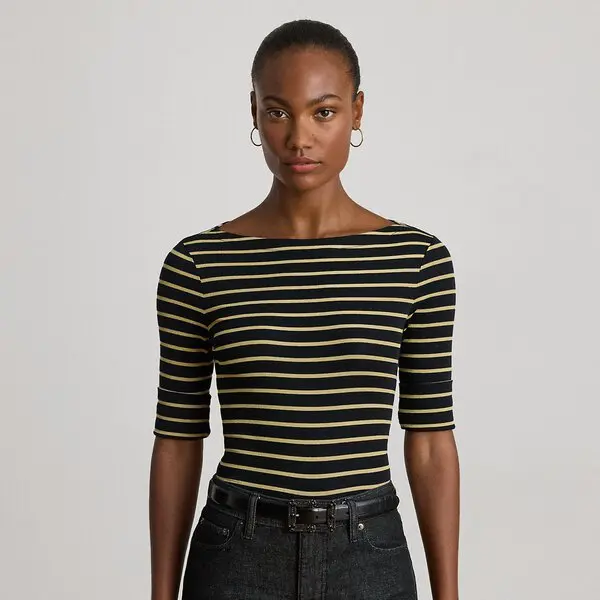 Ralph Lauren Metallic Triped Boatneck Tee - Black/gold Metallic