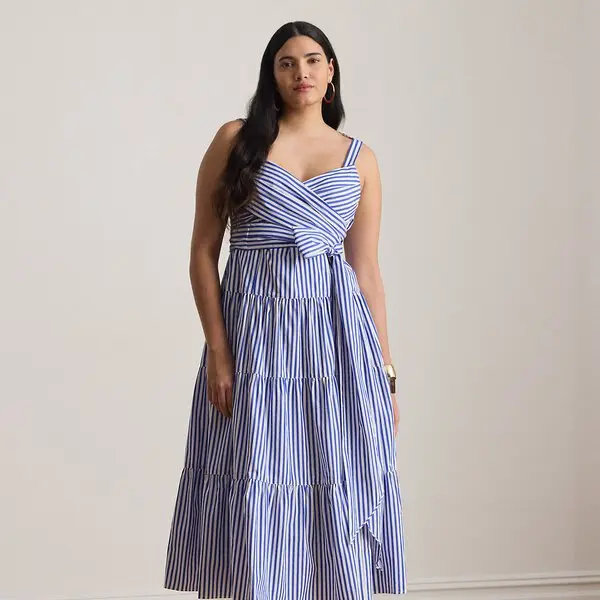 Ralph Lauren Striped Cotton Broadcloth Tiered Dress - Blue/white