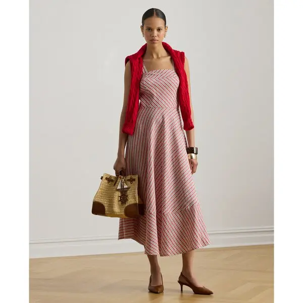Ralph Lauren Striped Linen Fit-And-Flare Dress In Red/Cream/Navy |  Editorialist