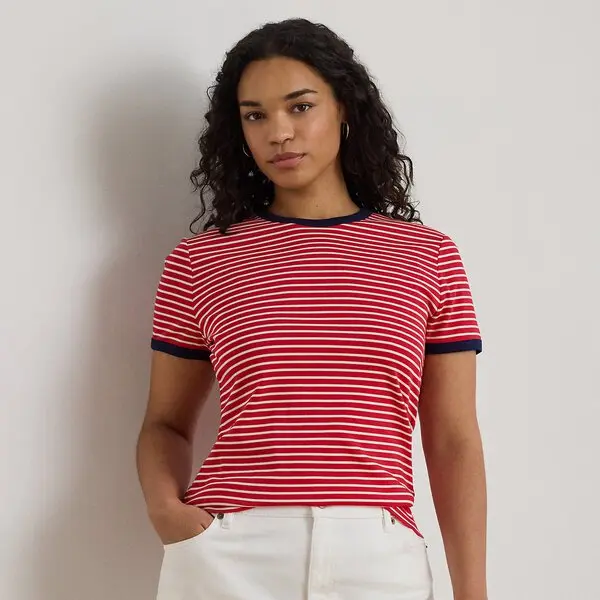 Ralph Lauren Striped Stretch Cotton Tee - Cruise Red/cream