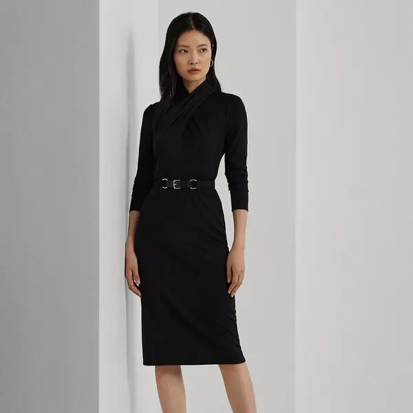 Ralph Lauren Belted Mockneck Jersey Dress - Black