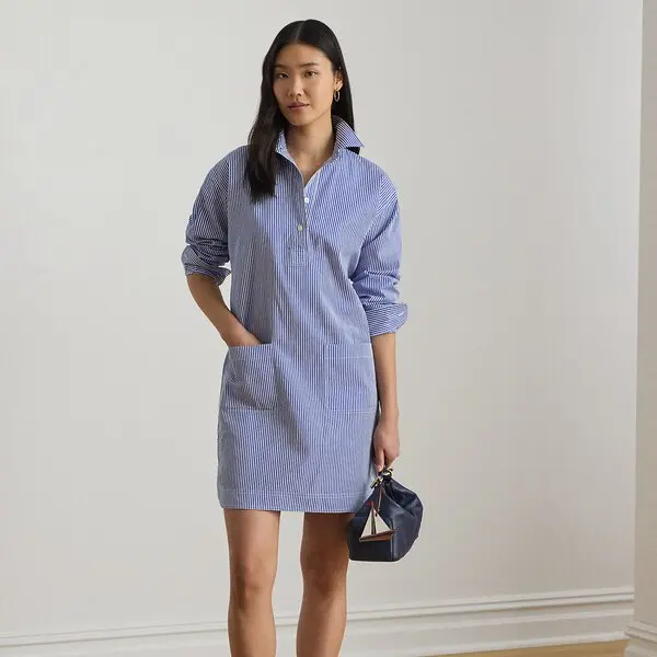 Ralph Lauren Striped Cotton Broadcloth Shirtdress - Blue/white