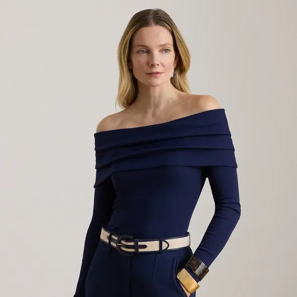 Ralph Lauren Ribbed Cotton-blend Off-the-shoulder Top - Refined Navy