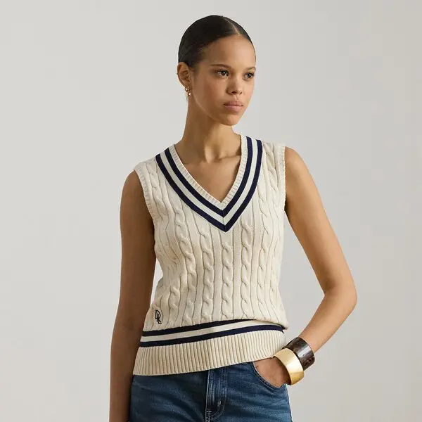 Ralph Lauren Cable-knit Cotton Cricket Vest - Mascarpone Cream/navy