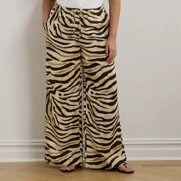 Ralph Lauren Zebra-print Linen Wide-leg Pant - Cream/brown