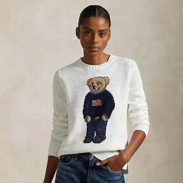 Ralph Lauren Poo Bear Inen-cotton Crewneck Sweater - Deckwash White Multi