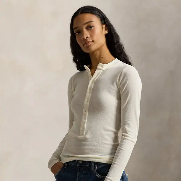 Ralph Lauren Ribbed Crepe Henley Shirt - Warm White