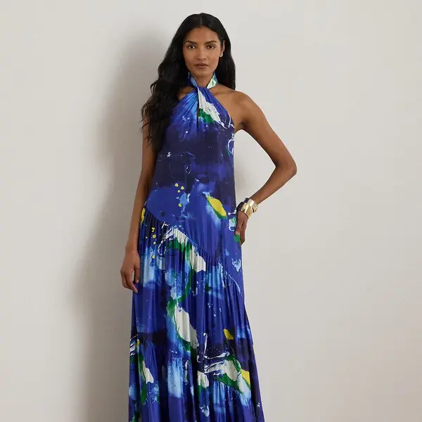 Ralph Lauren Abstract-print Shantung Halter Gown - Blue Multi