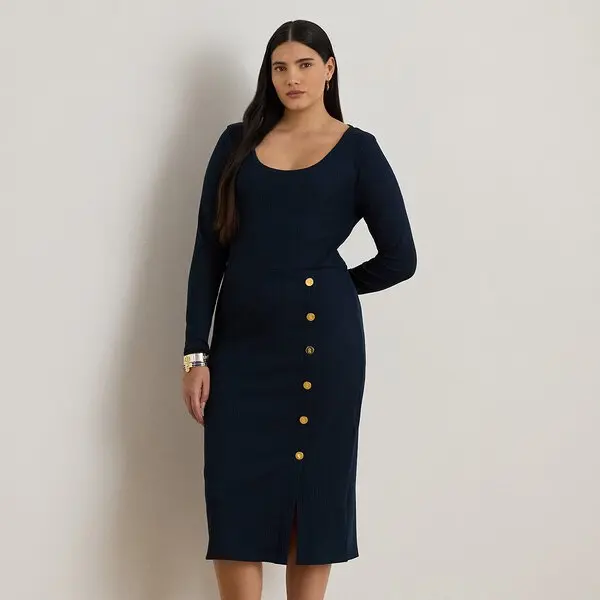 Ralph Lauren Button-trim Rib-knit Sheath Dress - Lauren Navy