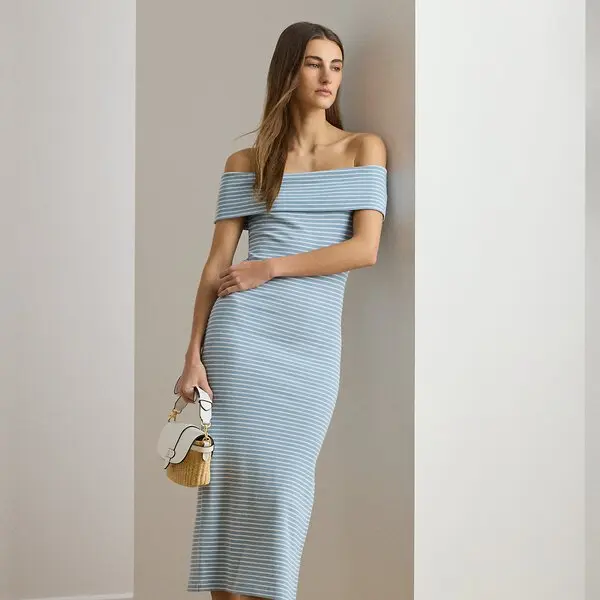 Ralph Lauren Striped Off-the-shouder Midi Dress - Blue Note/white