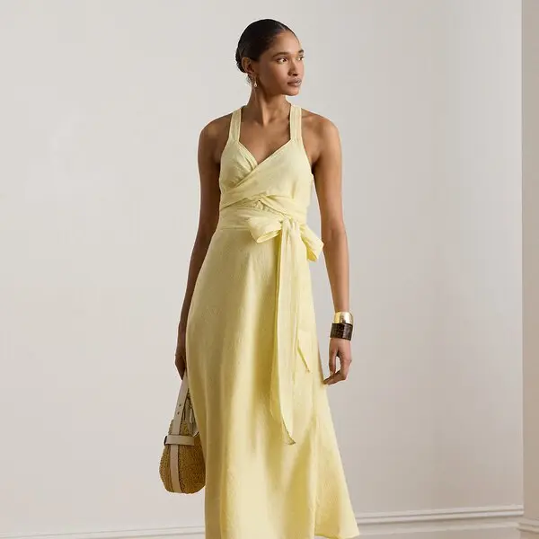 Ralph Lauren Striped Tie-front Linen Midi Dress - Yellow/white