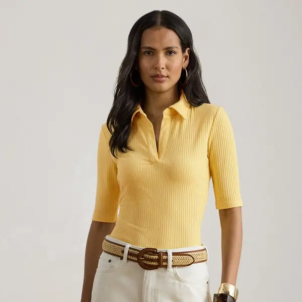 Ralph Lauren Rib-knit Elbow-sleeve Polo Tee - Lemon Sorbet