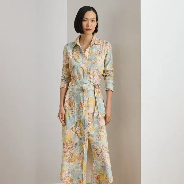 Ralph Lauren Floral Linen Shirtdress - Cream/blue Multi
