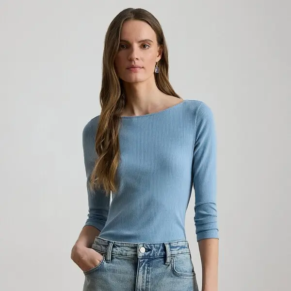 Ralph Lauren Rib-knit Cotton-blend Boatneck Tee - Blue Note