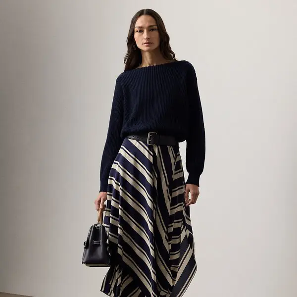 Ralph Lauren Tilda Striped Crepe De Chine Skirt - Icon Navy/ivory