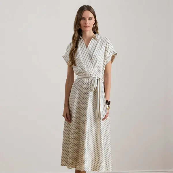 Ralph Lauren Striped Belted Twill Dress - Cream/blue