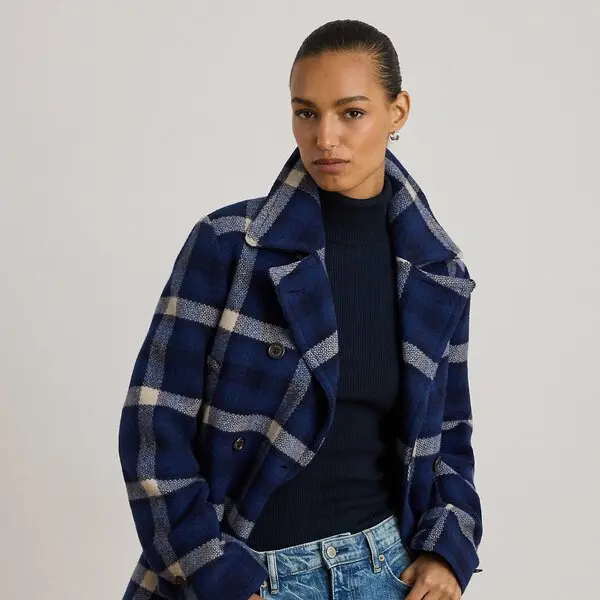 Ralph Lauren Double-breasted Plaid Tweed Coat - Blue/cream Multi