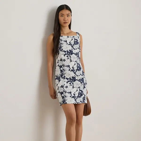 Ralph Lauren Floral Linen Shift Dress - White/navy