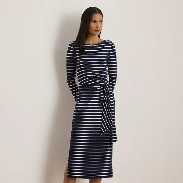Ralph Lauren Striped Tie-front Cotton-blend Dress - Refined Navy/white