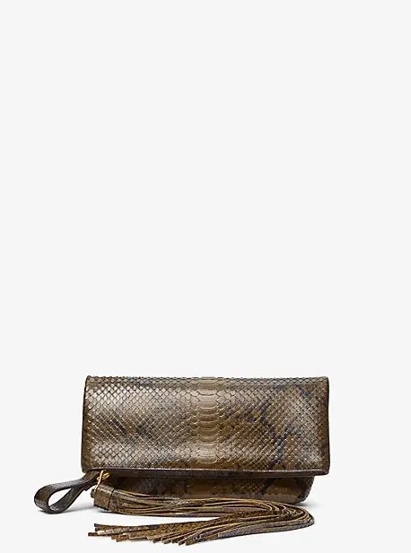 Michael Kors Lily Snake Embossed Leather Foldover Clutch - Green