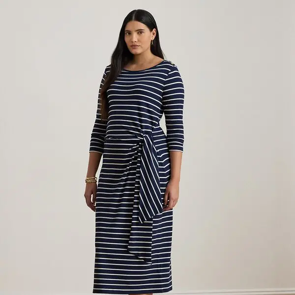 Ralph Lauren Striped Tie-front Cotton-blend Dress - Refined Navy/white