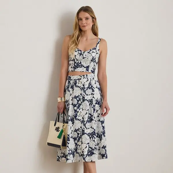 Ralph Lauren Floral Button-front Linen Midi Skirt - White/navy