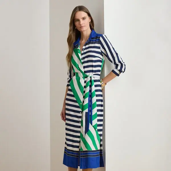 Ralph Lauren Striped Crepe Shirtdress - Navy/white/green