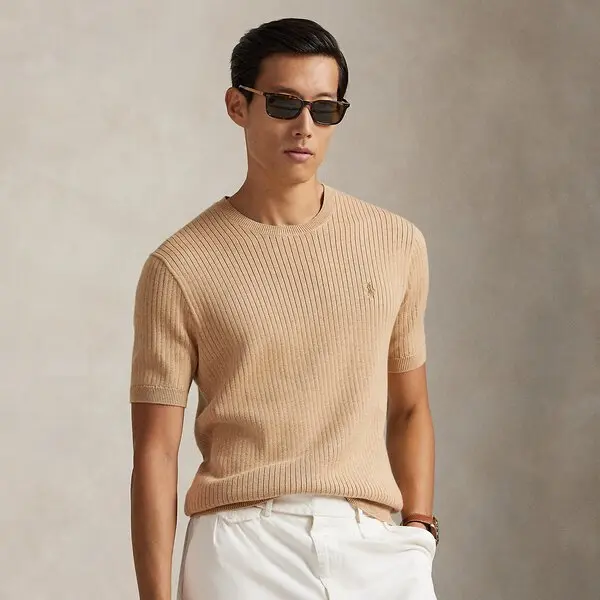 Ralph Lauren Rib-knit Cotton Short-sleeve Sweater - Camel Melange