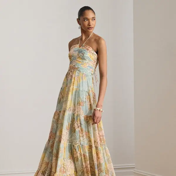 Ralph Lauren Floral Georgette Tiered Halter Gown - Cream/blue Multi