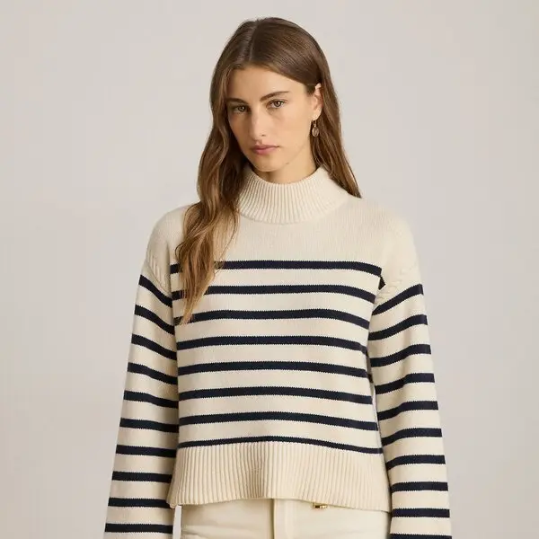 Ralph Lauren Striped Wool-blend Mockneck Sweater - Mascarpone Cream/navy