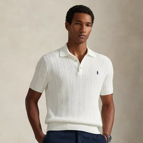 Ralph Lauren Cable-knit Cotton Polo Sweater - Deckwash White/navy