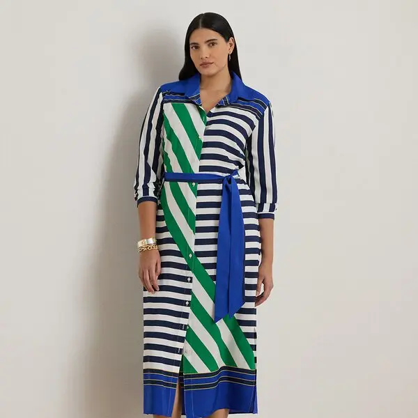 Ralph Lauren Striped Crepe Shirt Dress - Navy/white/green