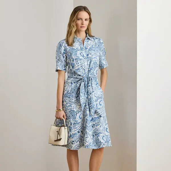 Ralph Lauren Paisley Tie-front Linen Shirtdress - White/blue