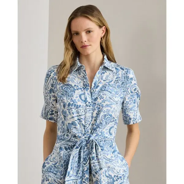 Ralph Lauren Paisley Linen Shirt Dress - White/blue