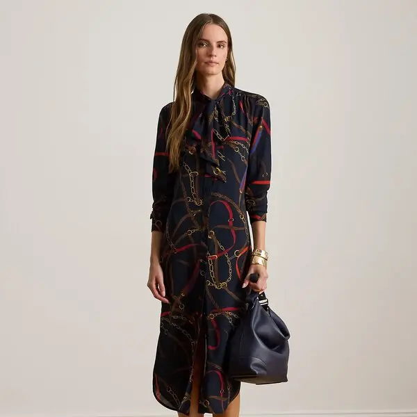 Ralph Lauren Print Georgette Tie-neck Shirt Dress - Navy Multi