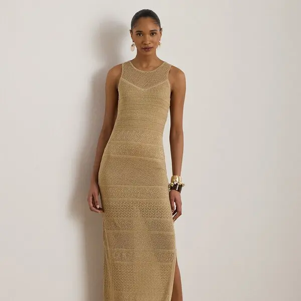 Ralph Lauren Pointelle-knit Sleeveless Gown - Birch Tan Multi
