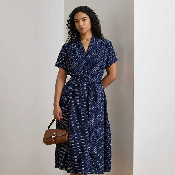 Ralph Lauren Polka-dot Belted Crepe Dress - Navy/white