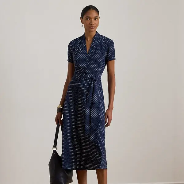 Ralph Lauren Polka-dot Belted Crepe Dress - Navy/white