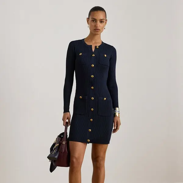 Ralph Lauren Button-trim Rib-knit Sweater Dress - Lauren Navy