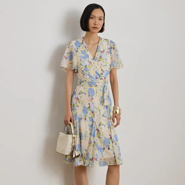 Ralph Lauren Floral Crinkle Georgette Surplice Dress - Blue Multi