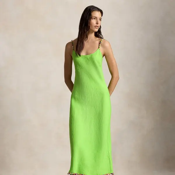 Ralph Lauren Beaded-trim Linen Slip Dress - Riviera Green