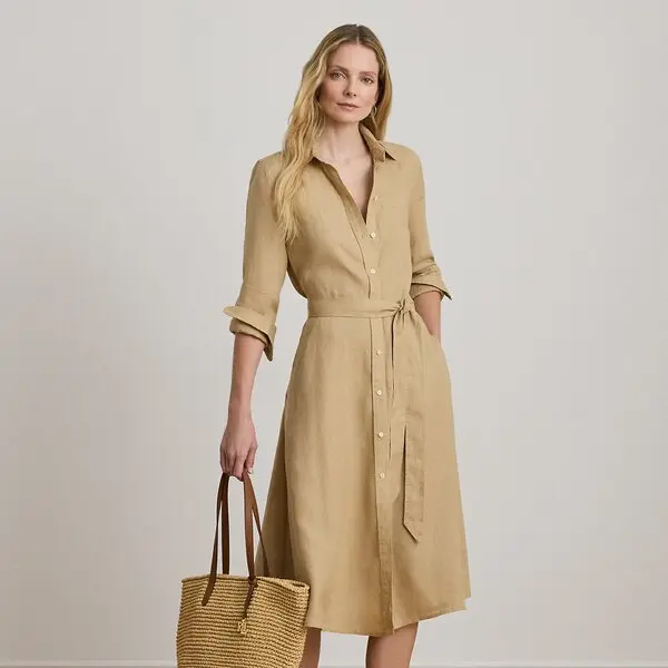 Ralph Lauren Belted Linen Shirtdress - Birch Tan