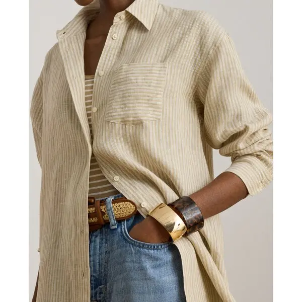 Ralph Lauren Relaxed Fit Striped Linen Shirt - Tan/white