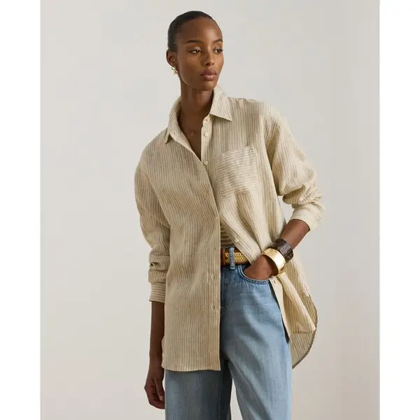 Ralph Lauren Relaxed Fit Striped Linen Shirt - Tan/white