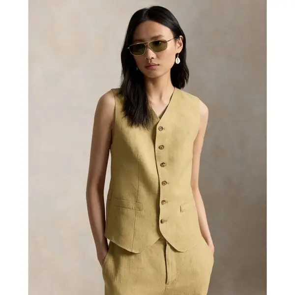 Ralph Lauren Buttoned Linen Vest - Classic Camel