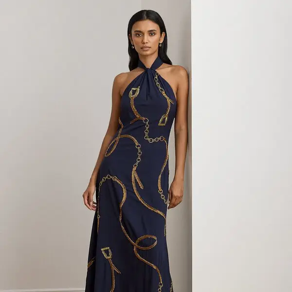 Ralph Lauren Belting-motif Sequined Crepe Halter Gown - Navy Multi
