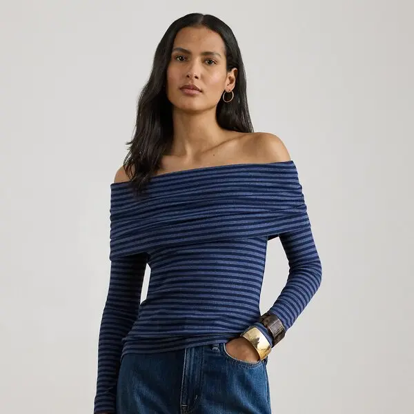 Ralph Lauren Striped Ribbed Off-the-shoulder Top - Indigo Dusk Heather/navy