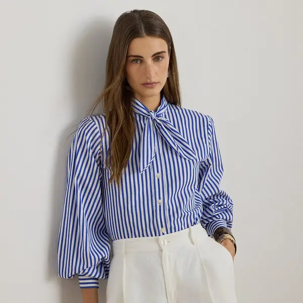 Ralph Lauren Striped Cotton Broadcloth Tie-neck Shirt - Blue/white