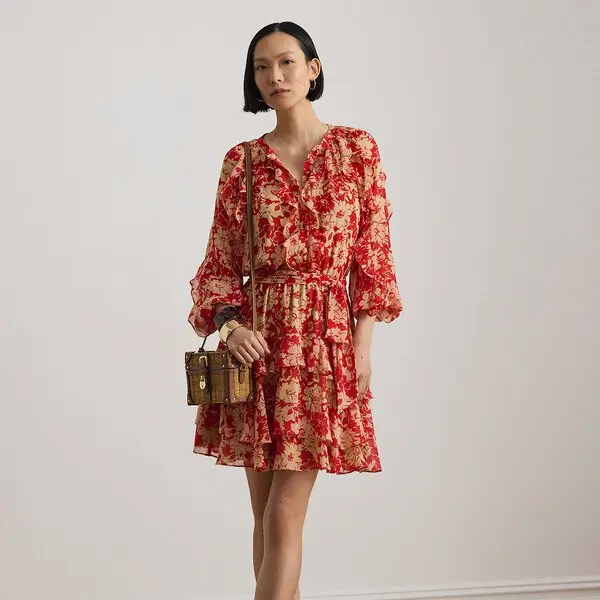 Ralph Lauren Printed Ruffle-trim Georgette Tiered Dress - Red/tan